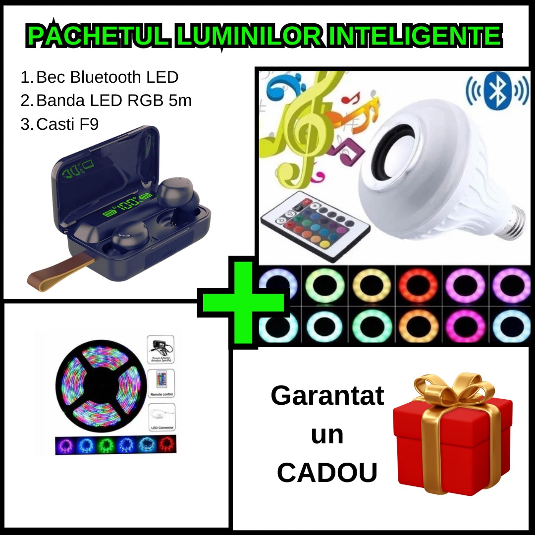 Pachetul luminilor inteligente - Bec Bluetooth LED cu Boxa Incorporata ...